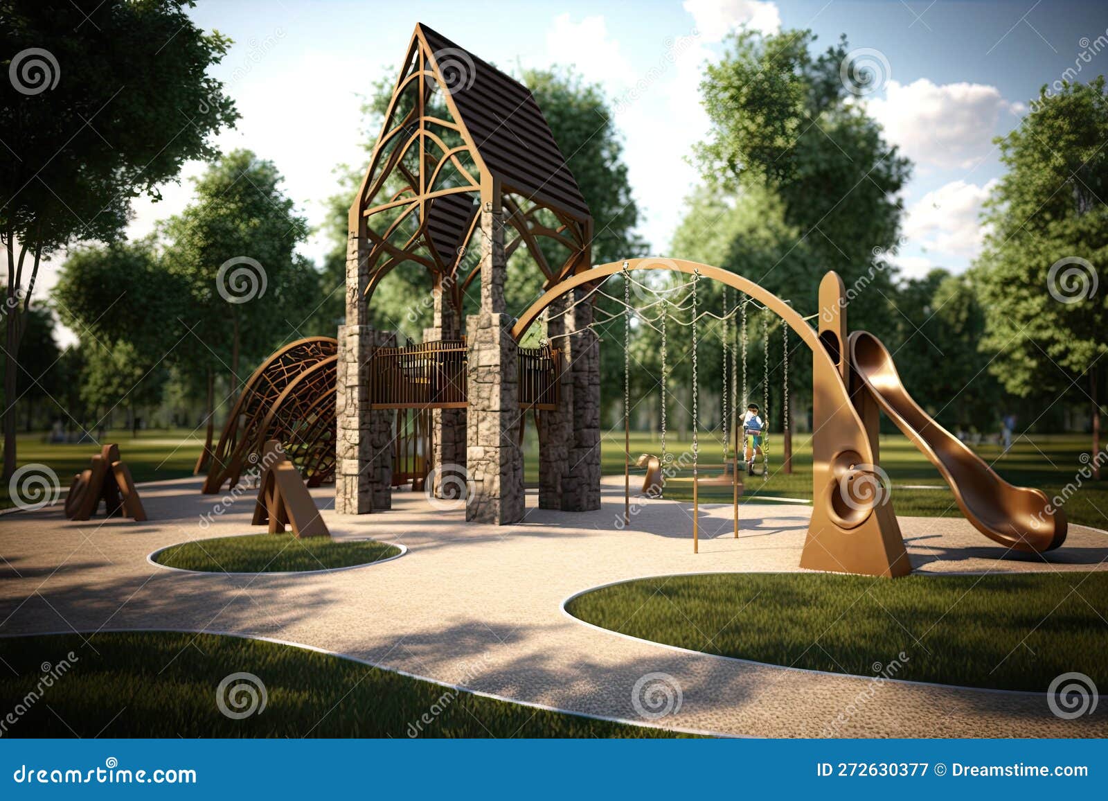 A Playground with Climbing Structures, Slides, and Swings in a Serene ...