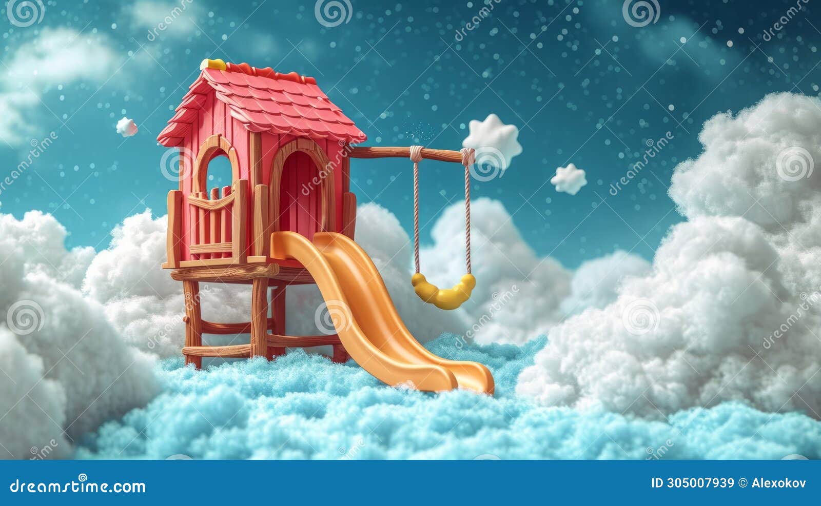 Playground in the Clouds, 3d Render Illustration, Horizontal Composition Generative AI Stock ...