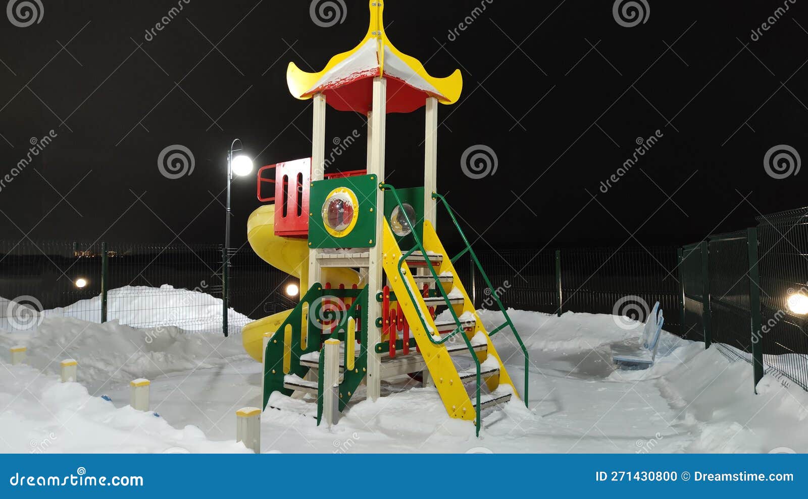 Playground in Cold Winter Night and Snow Arround Stock Photo - Image of ...
