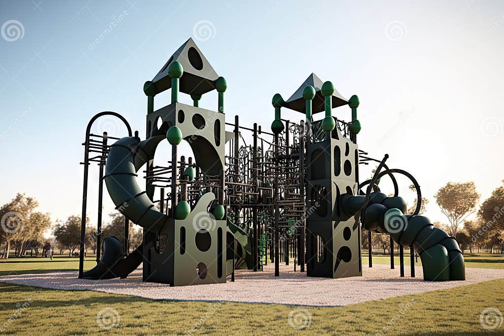 Playground with Elaborate Climbing Structure, Slides, and Monkey Bars ...
