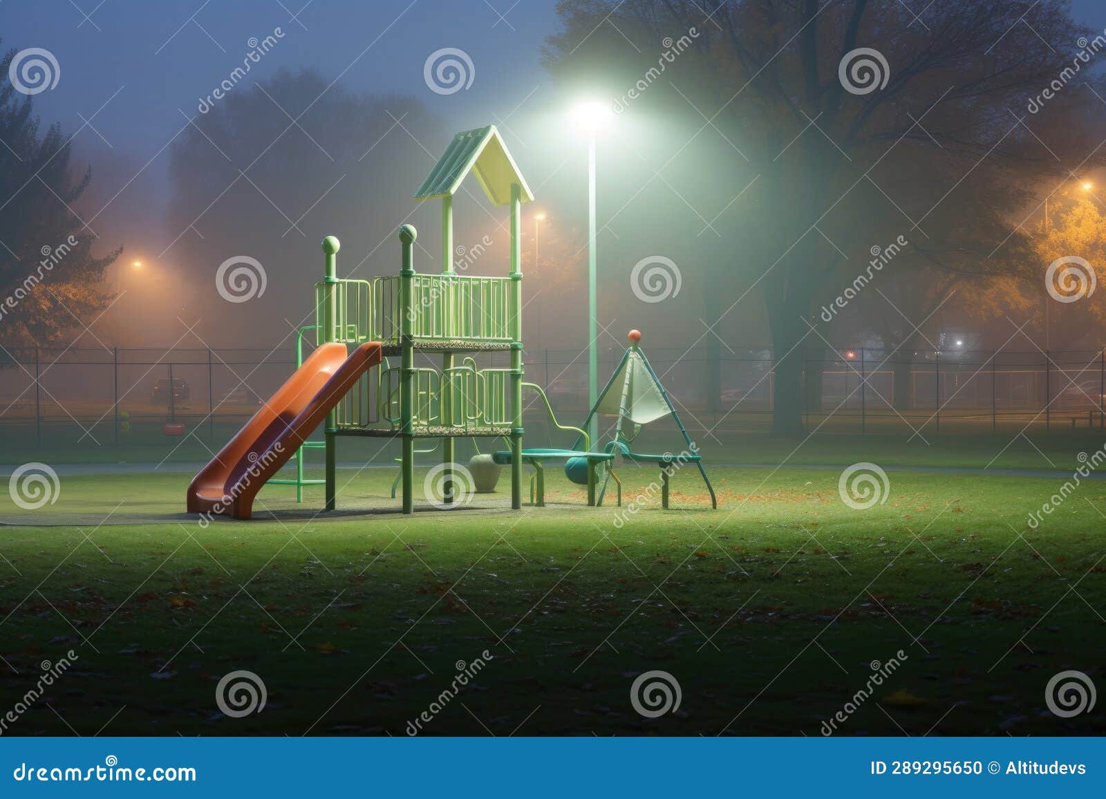 Playground Equipment Seen through a Thick Fog, Illuminated by a Distant ...
