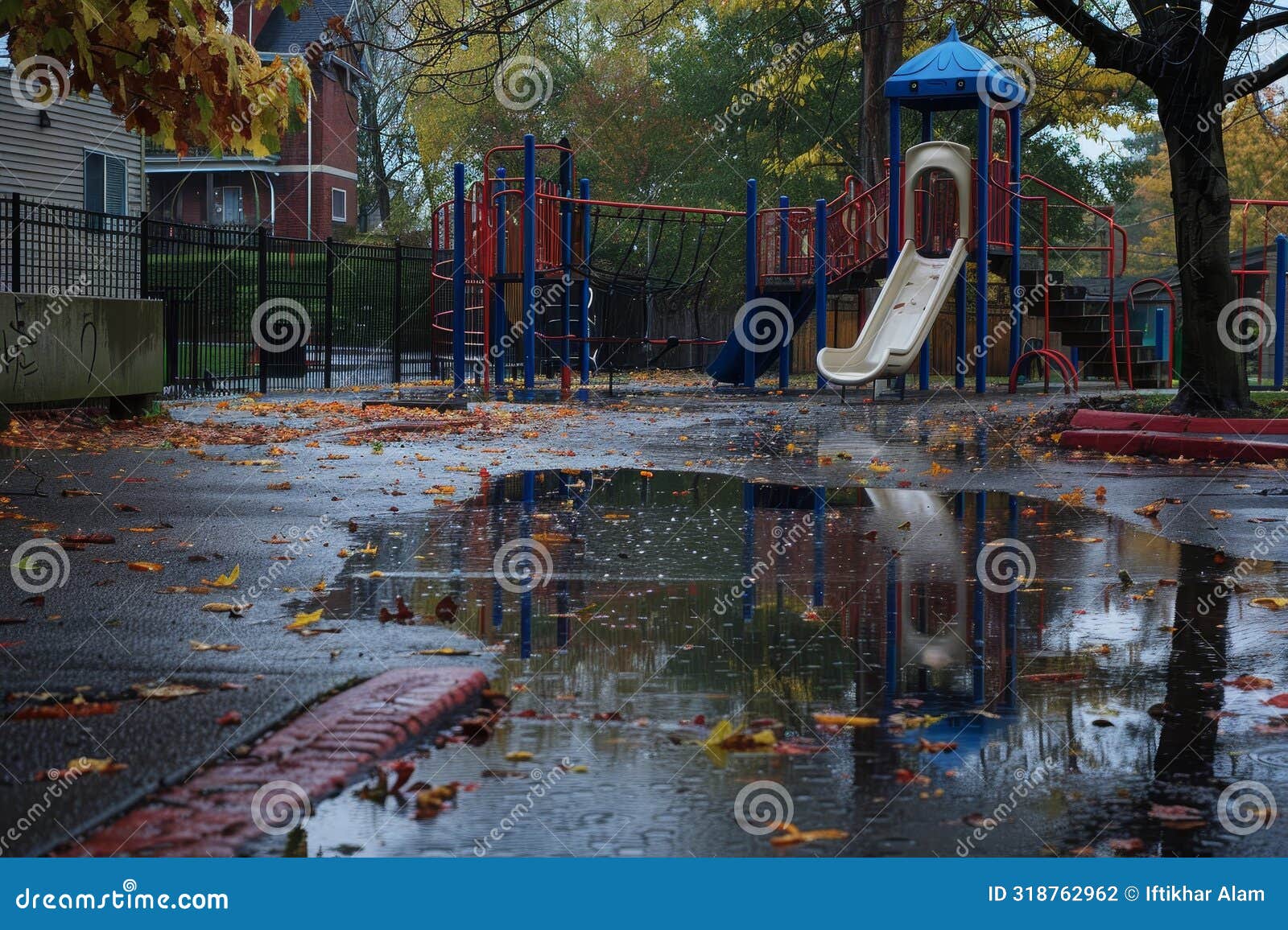 A Playground Featuring a Slide with a Puddle of Water on a Rainy Day ...