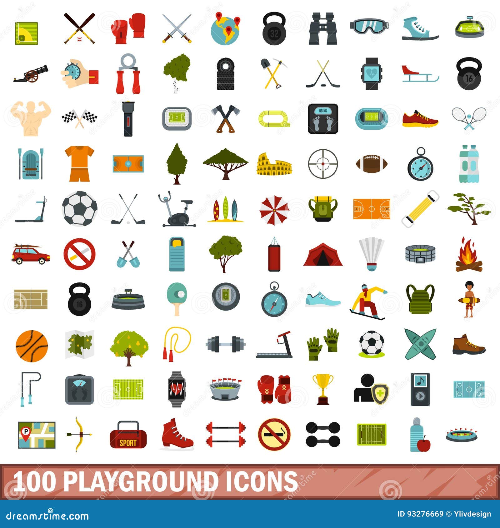 100 Playground Icons Set, Flat Style Stock Vector - Illustration of ...