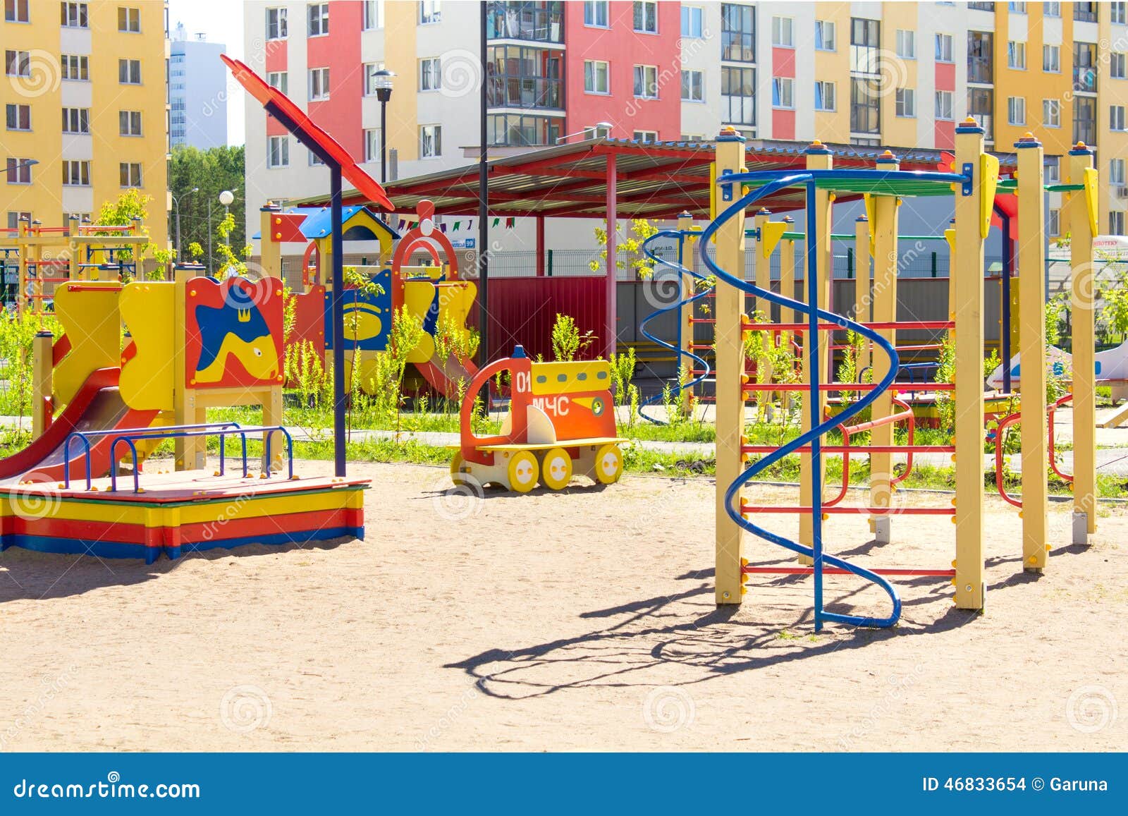 Playground in a Kindergarten Stock Photo - Image of playground, flags ...