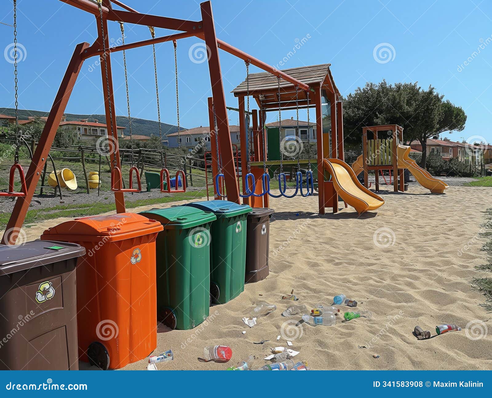 A Playground with a Lot of Trash on the Ground Stock Photo - Image of ...