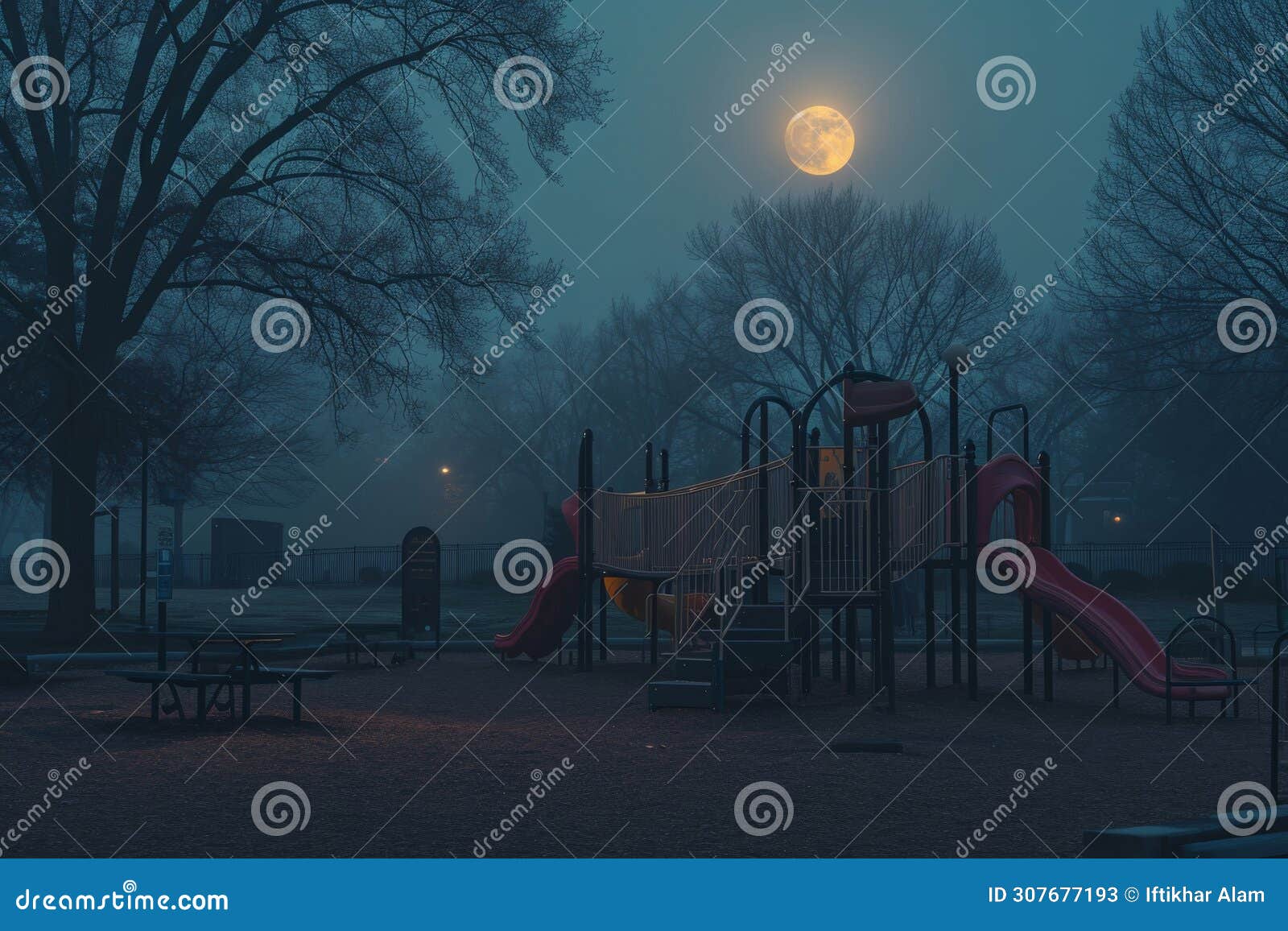 A Playground in a Park with a Full Moon Shining in the Background ...