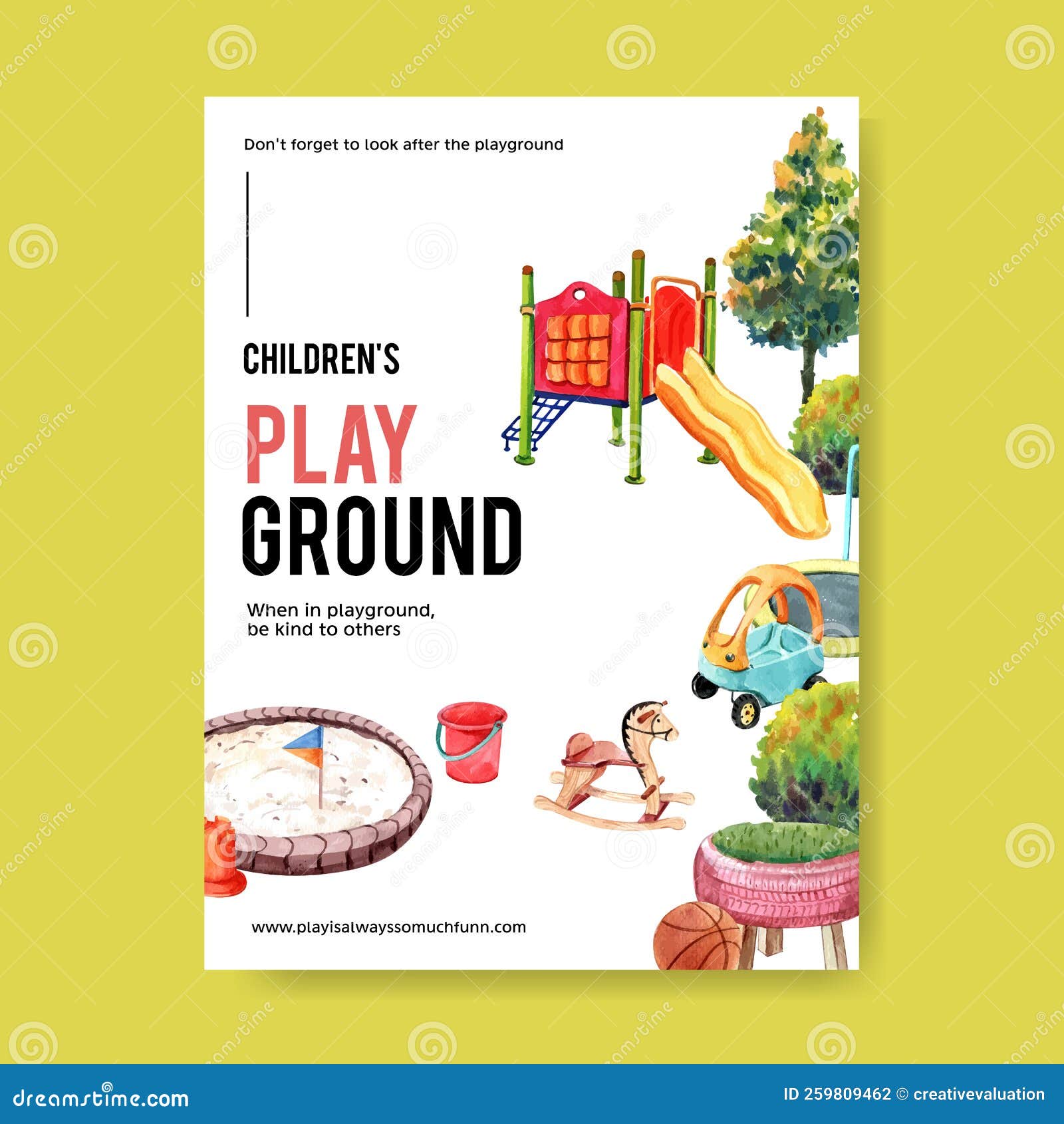 Playground Poster Design with Tree, Grass, Slide, Sandpit Watercolor ...