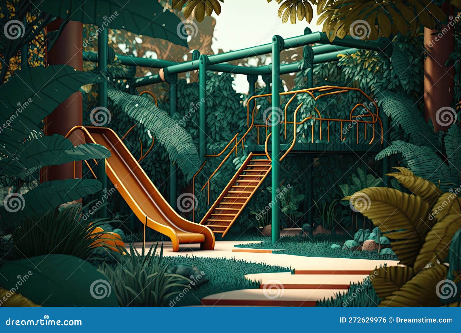 A Playground with Slides and Monkey Bars Surrounded by Lush Greenery ...