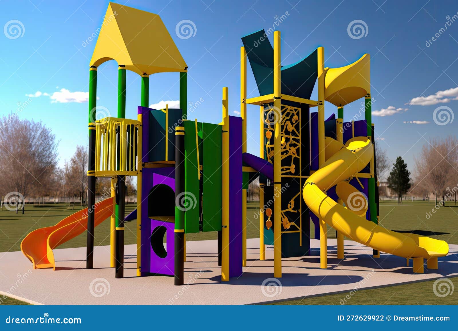 A Playground with a Tall Climbing Structure, Slides, and Monkey Bars ...