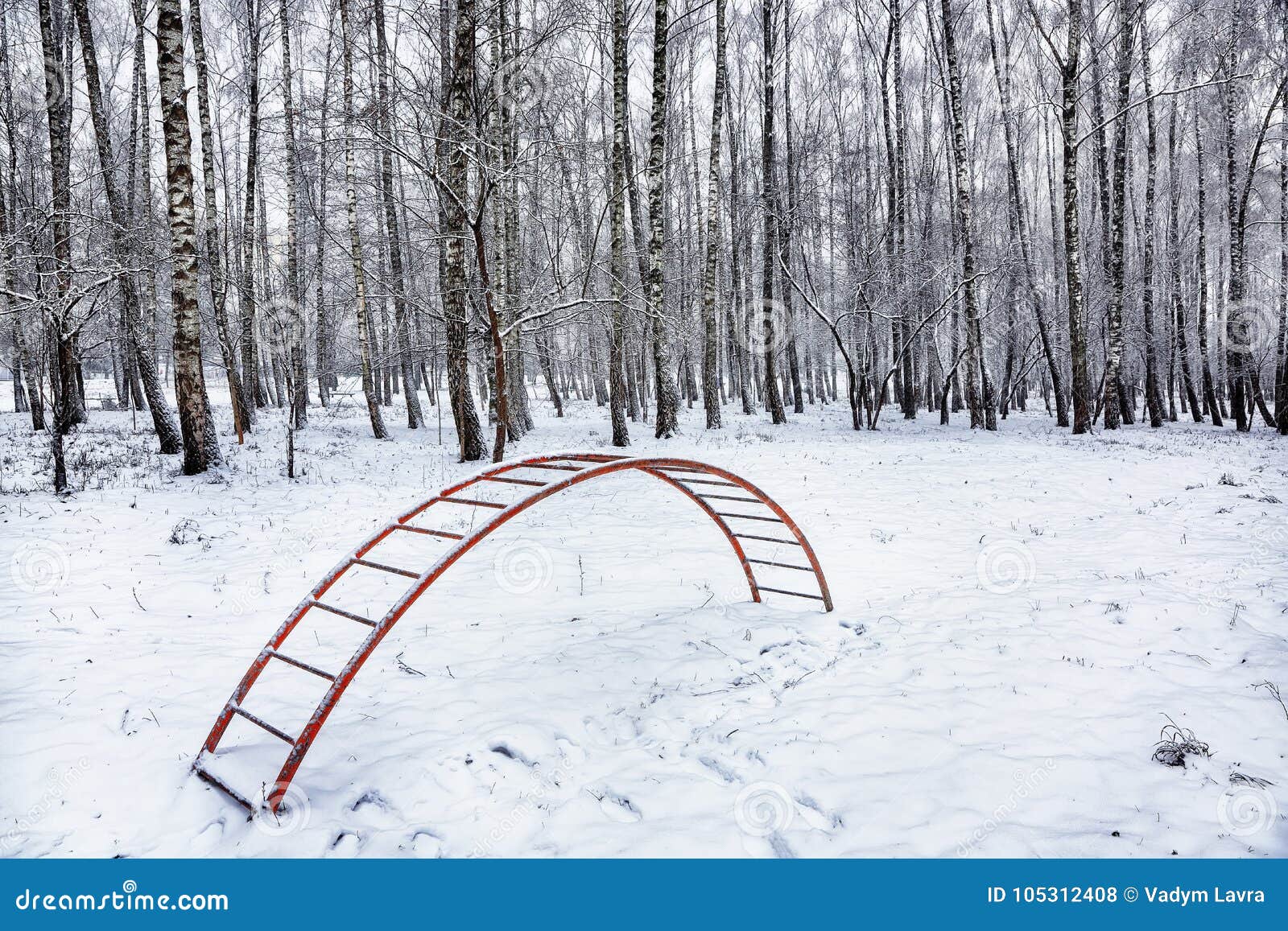 Playground among Tall Trees Under the Snow. Ladder Covered with Stock ...