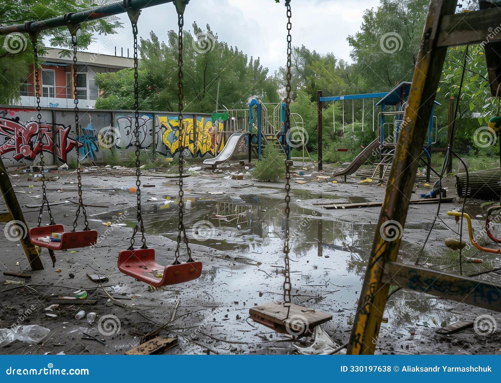 Playground and Trash. Sad Scene of a Destroyed Playground Drowning in ...
