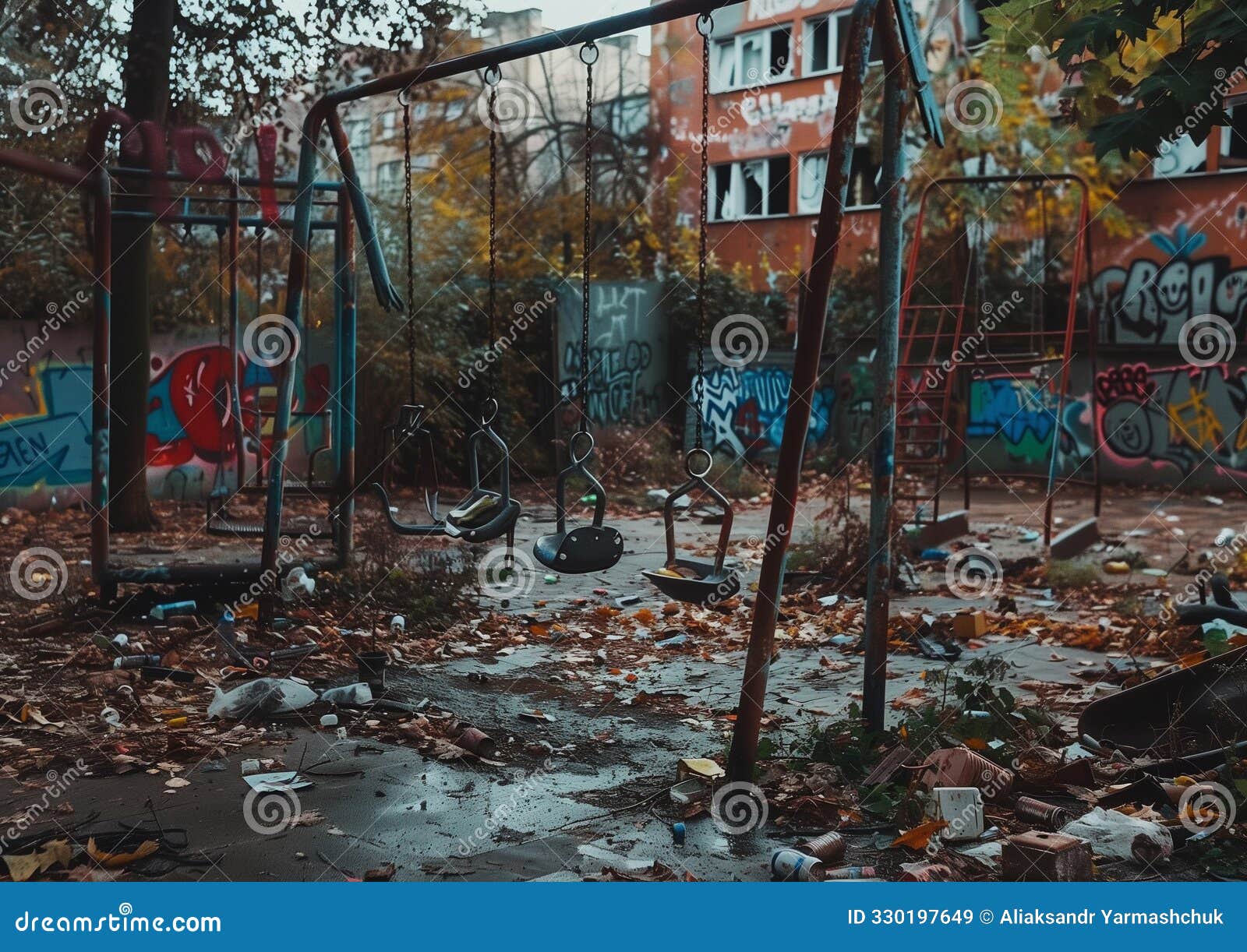 Playground and Trash. Sad Scene of a Destroyed Playground Drowning in ...