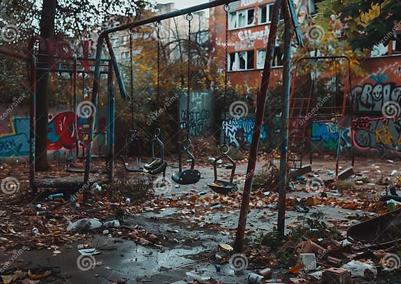 Playground and Trash. Sad Scene of a Destroyed Playground Drowning in ...
