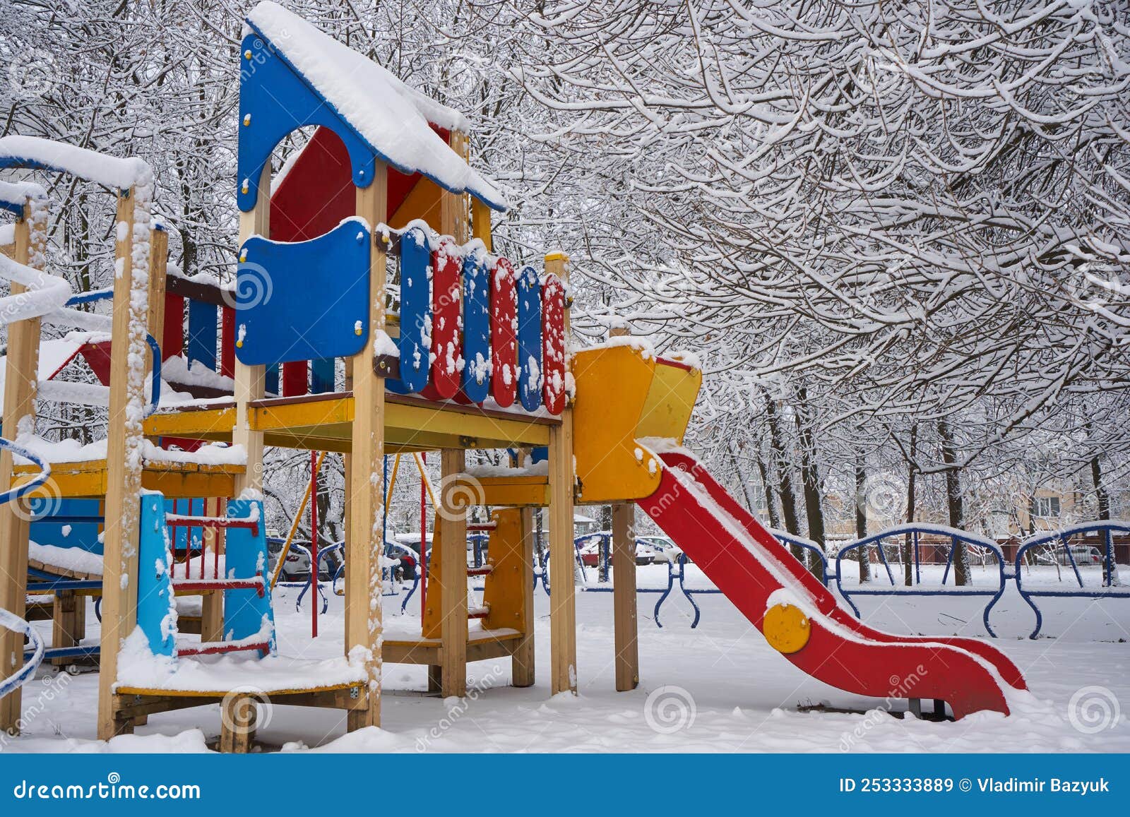 Playground in Winter in the Snow,an Empty Playground in Winter, a Slide ...