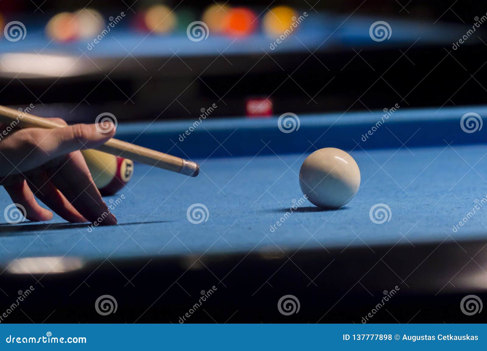 Playing Billiard. Billiards Balls and Cue on Blue Billiards Tabl Stock ...