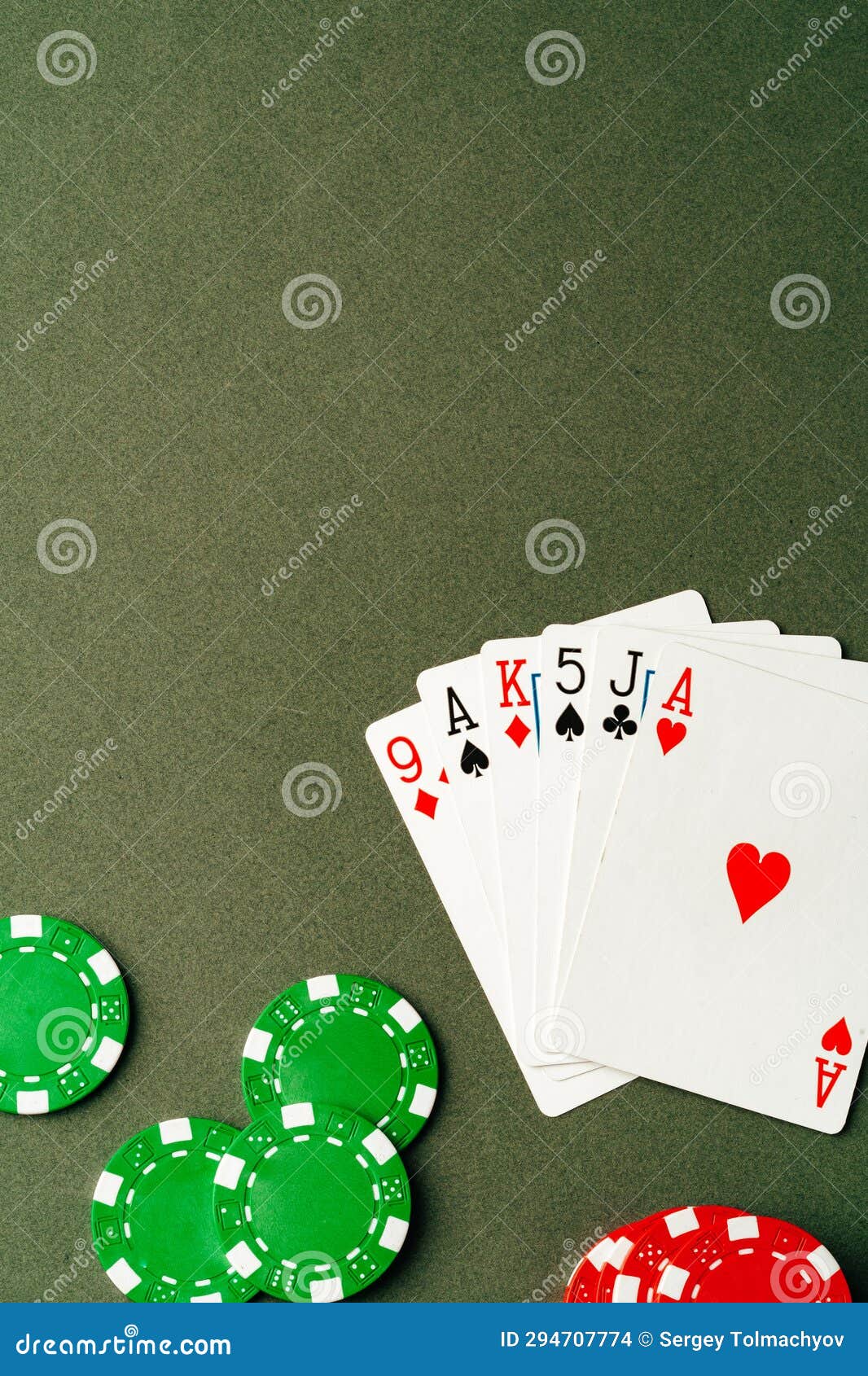 Playing Cards and Chips on Green Background Stock Photo - Image of ...