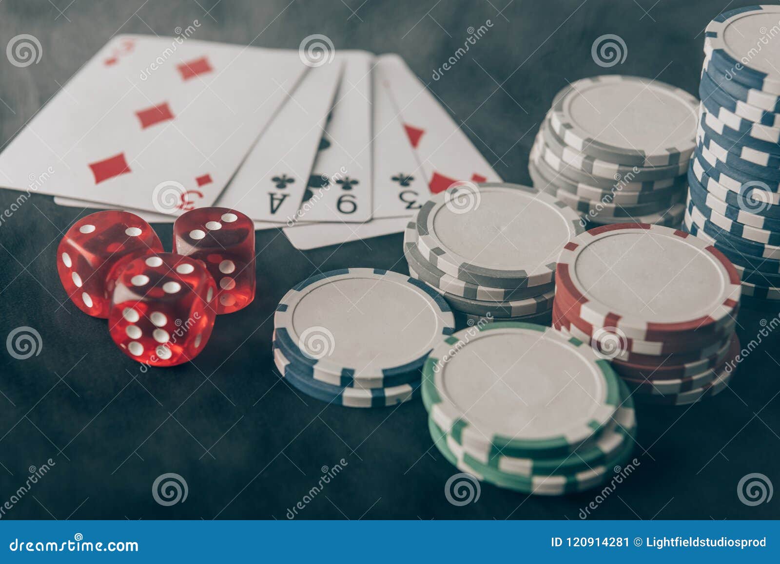 Playing Cards with Dice and Chips Stock Image - Image of winning, view ...