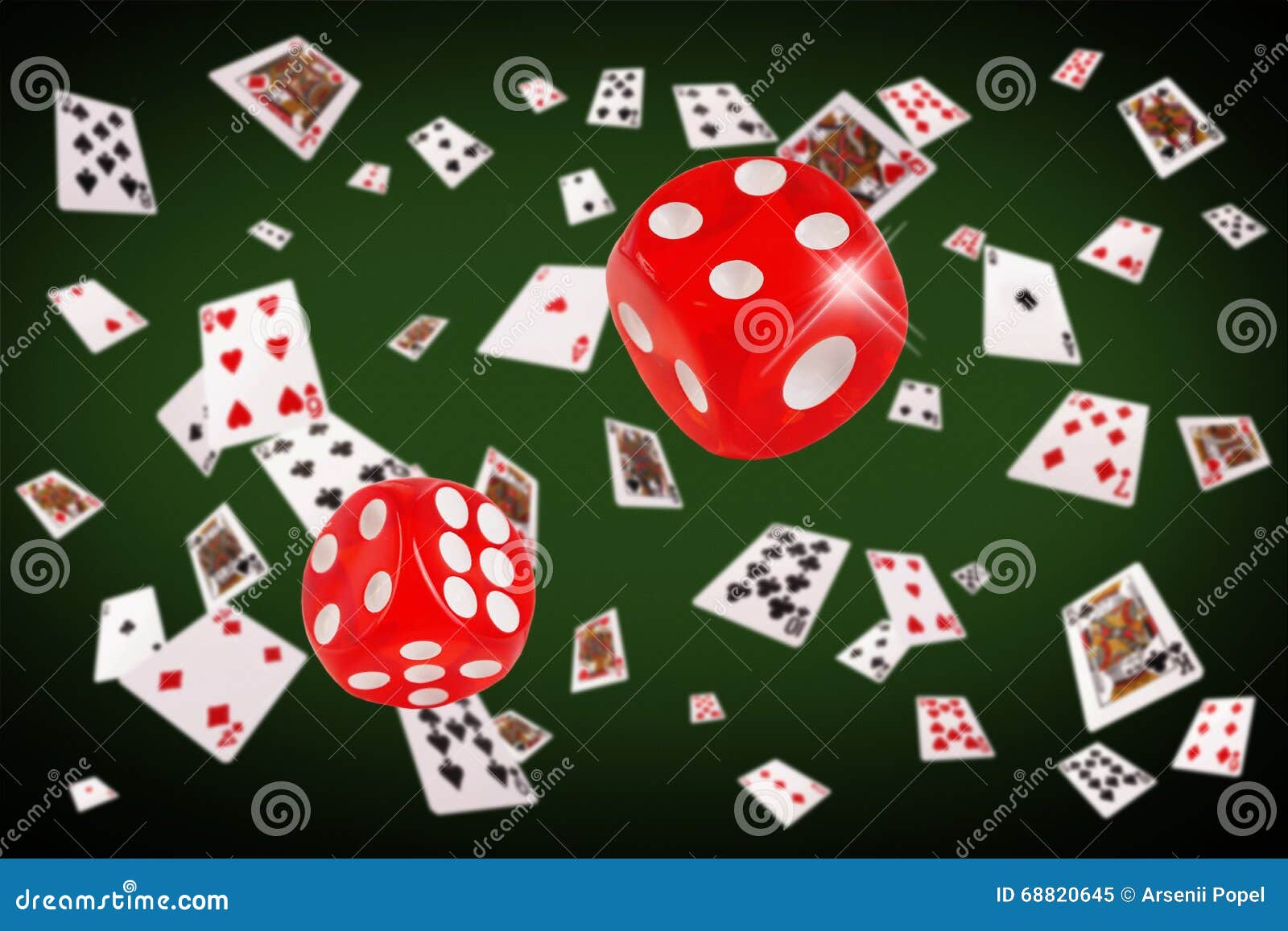 Playing Cards and Dice Flying at the Poker Table Stock Image - Image of ...