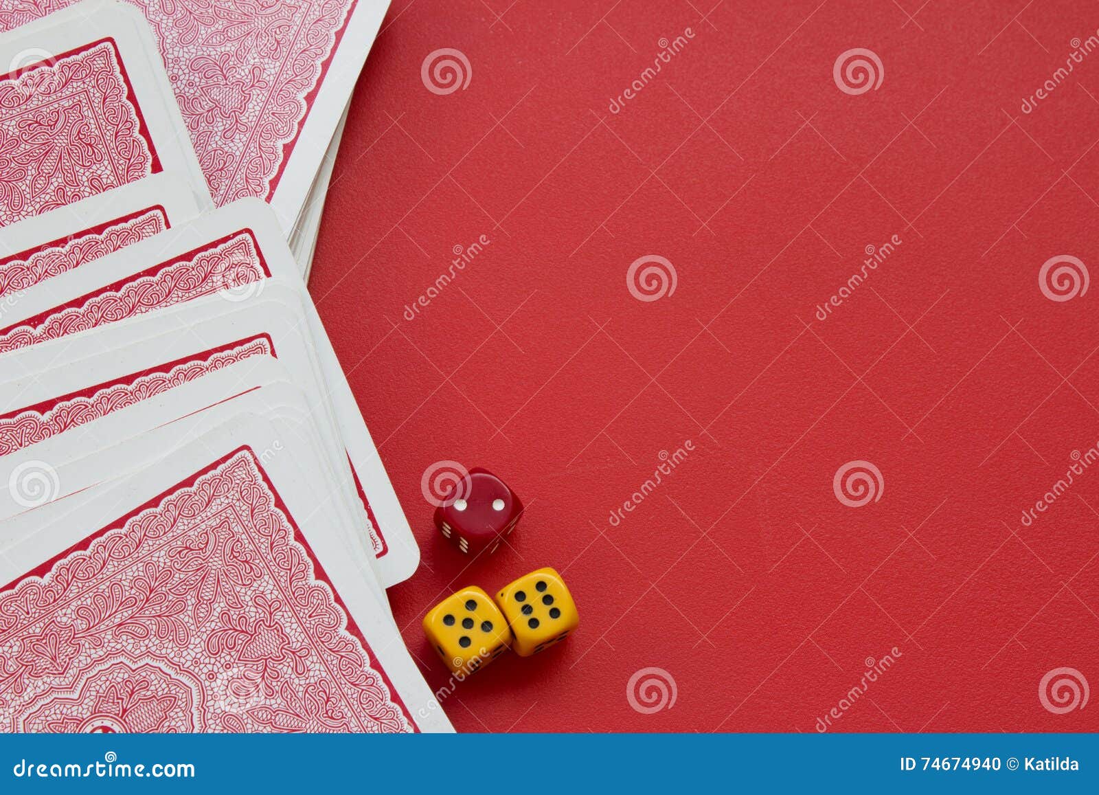 Playing Cards and Dices on Red Background. Stock Photo - Image of dices ...