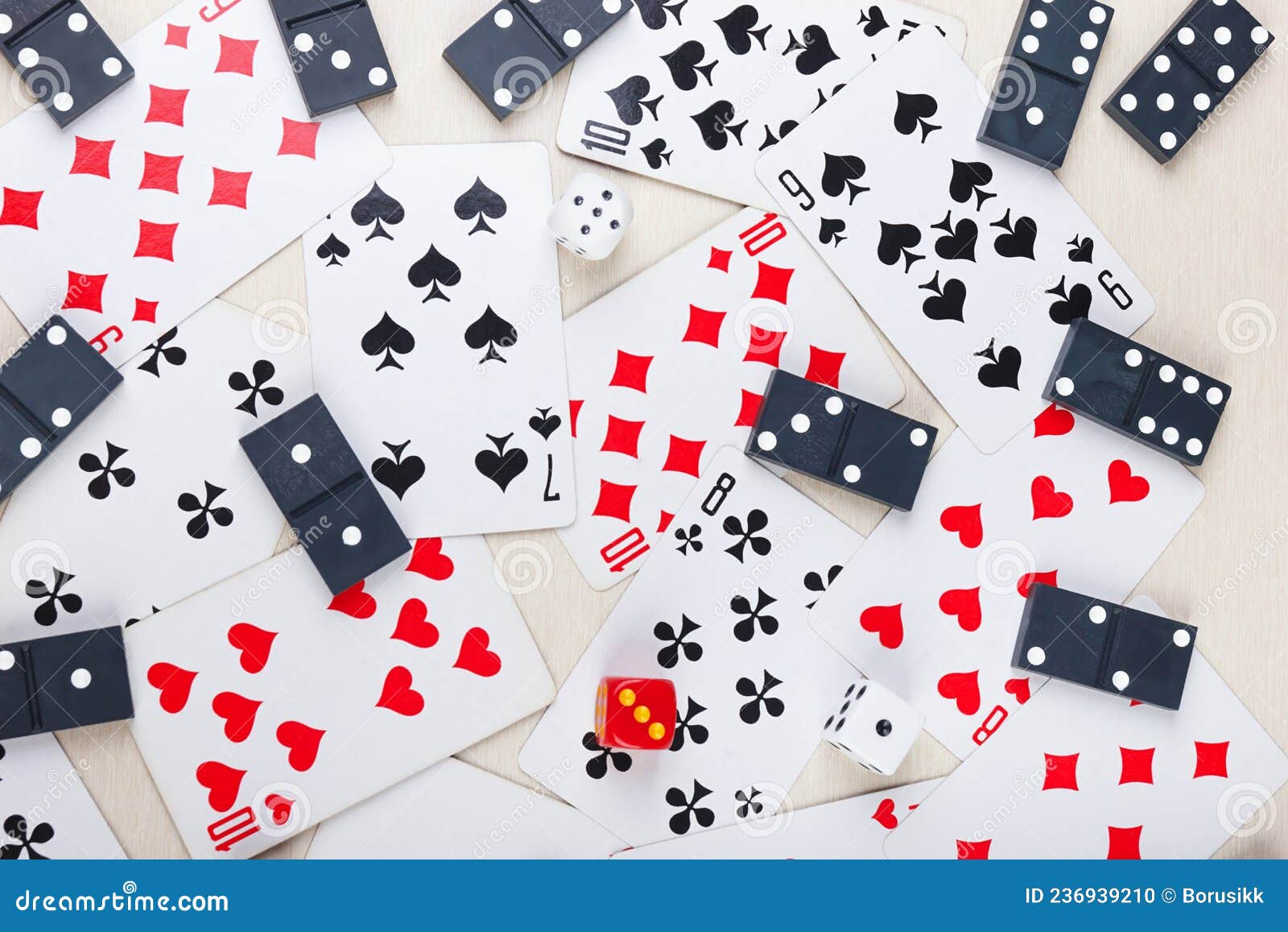 Playing Cards, Dominoes and Dice for Board Games on Light Table. View ...