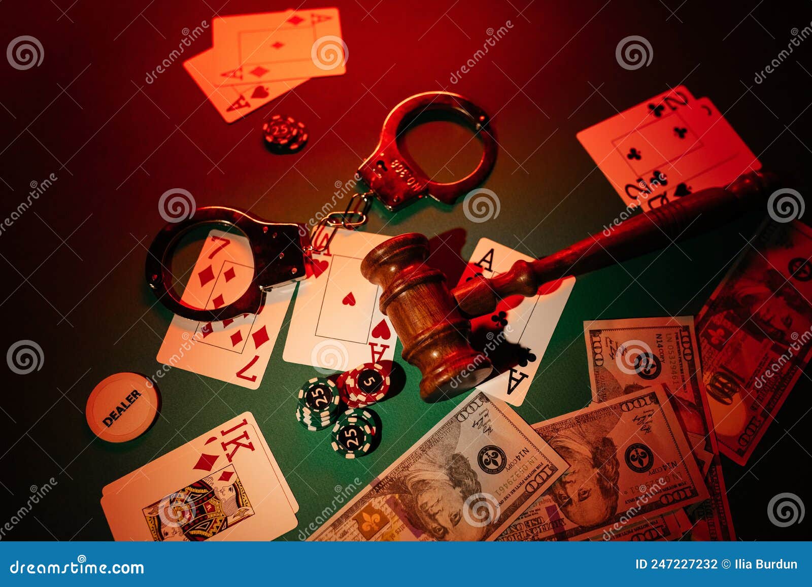 Playing Cards, Handcuffs, Gavel and Chips on Green Table. Prohibited ...