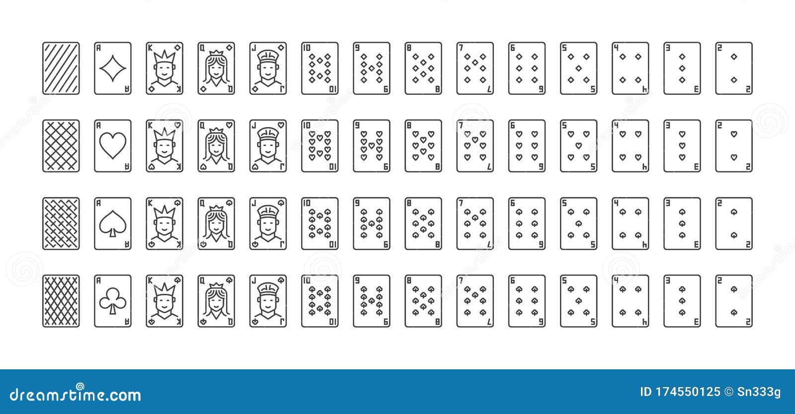 Playing Cards Outline Icons Set - Poker Card Symbols. Full Deck Stock ...