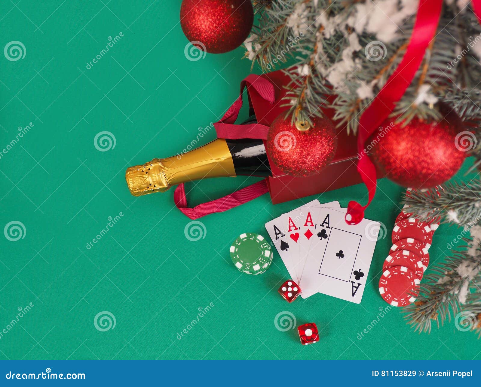 Playing Cards and Poker Chips Near a Christmas Tree Stock Image - Image ...