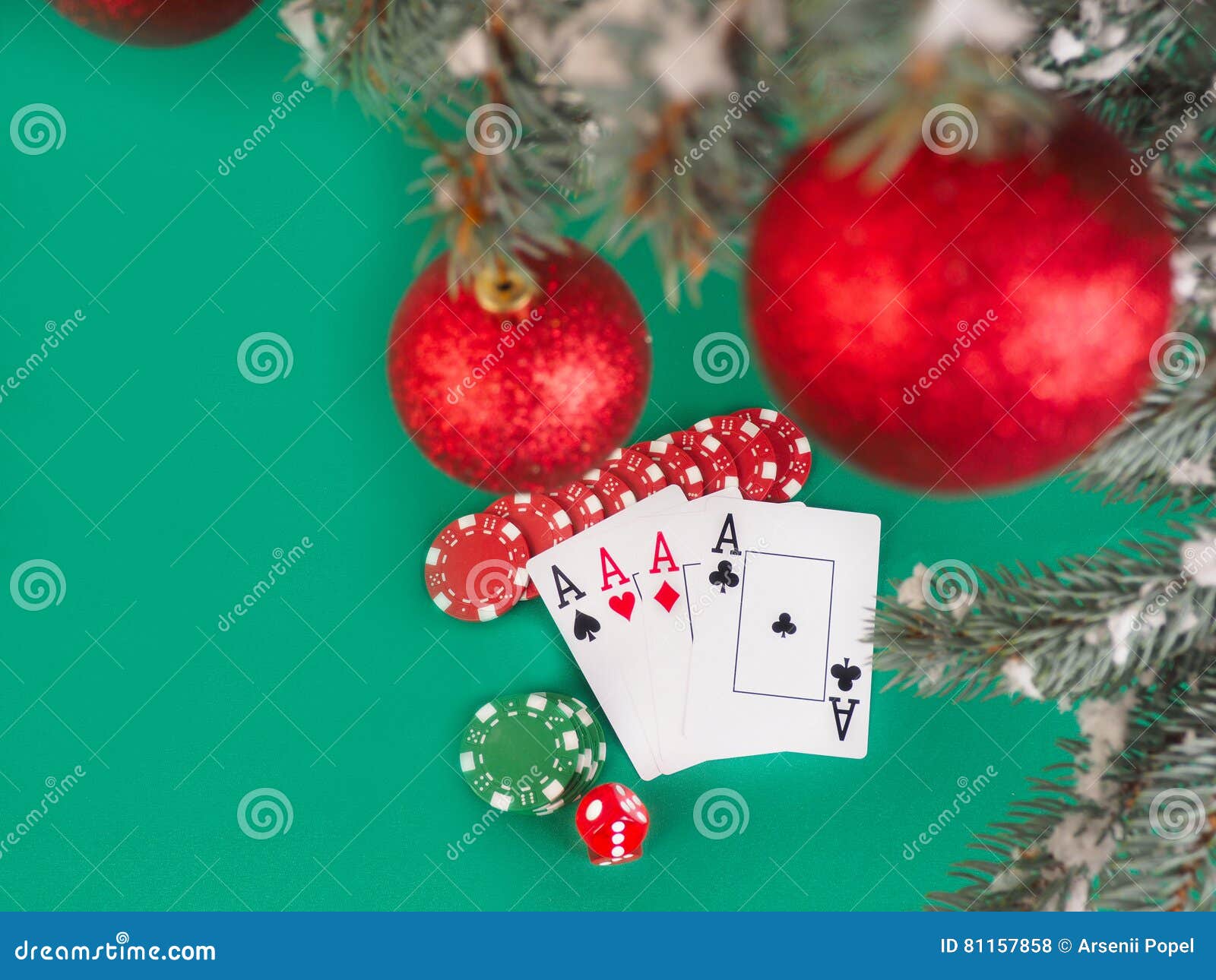 Playing Cards and Poker Chips Near a Christmas Tree Stock Photo - Image ...