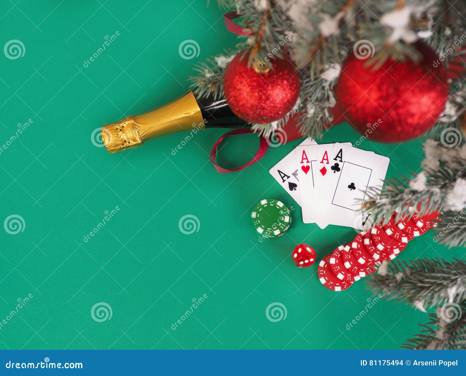 Playing Cards and Poker Chips Near a Christmas Tree Stock Photo - Image ...