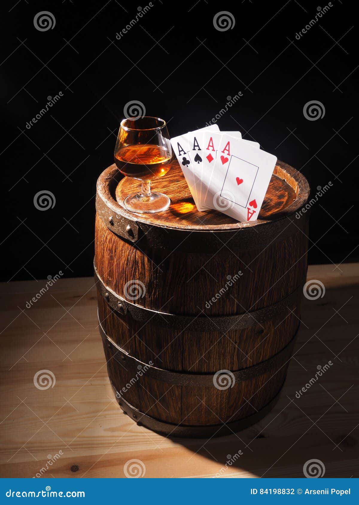 Playing Cards and Wine Glass of Cognac on Barrel Stock Photo - Image of ...