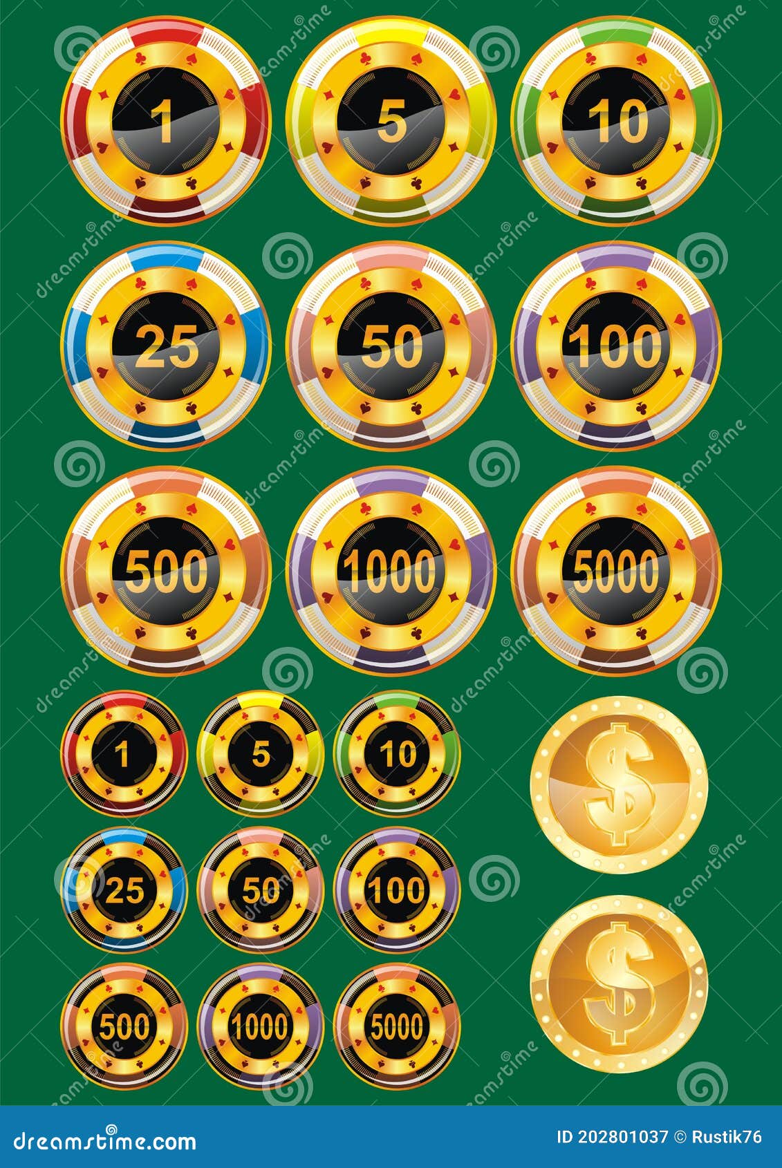 Playing Chips and Dollar Sign on Coins Isolated on Green Background ...