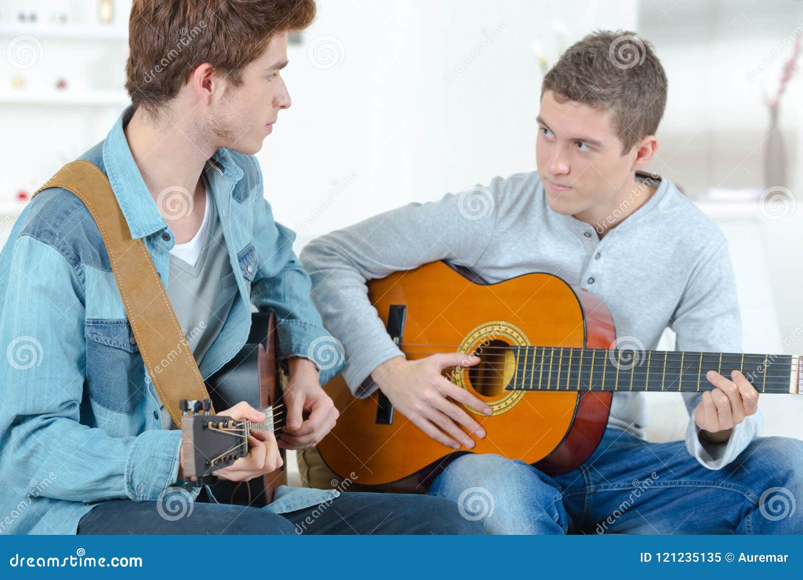 Playing the Guitar Together Stock Image - Image of view, learn: 121235135