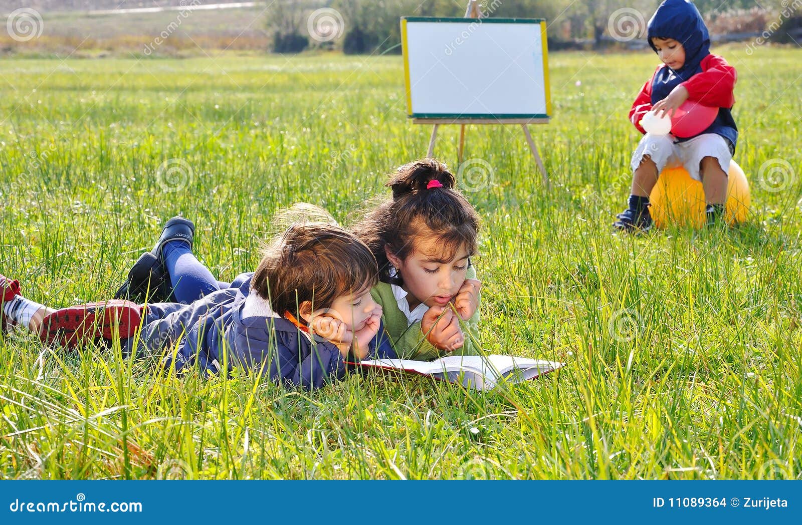 Playing and Reading on Meadow Stock Photo - Image of grass, horizontal ...
