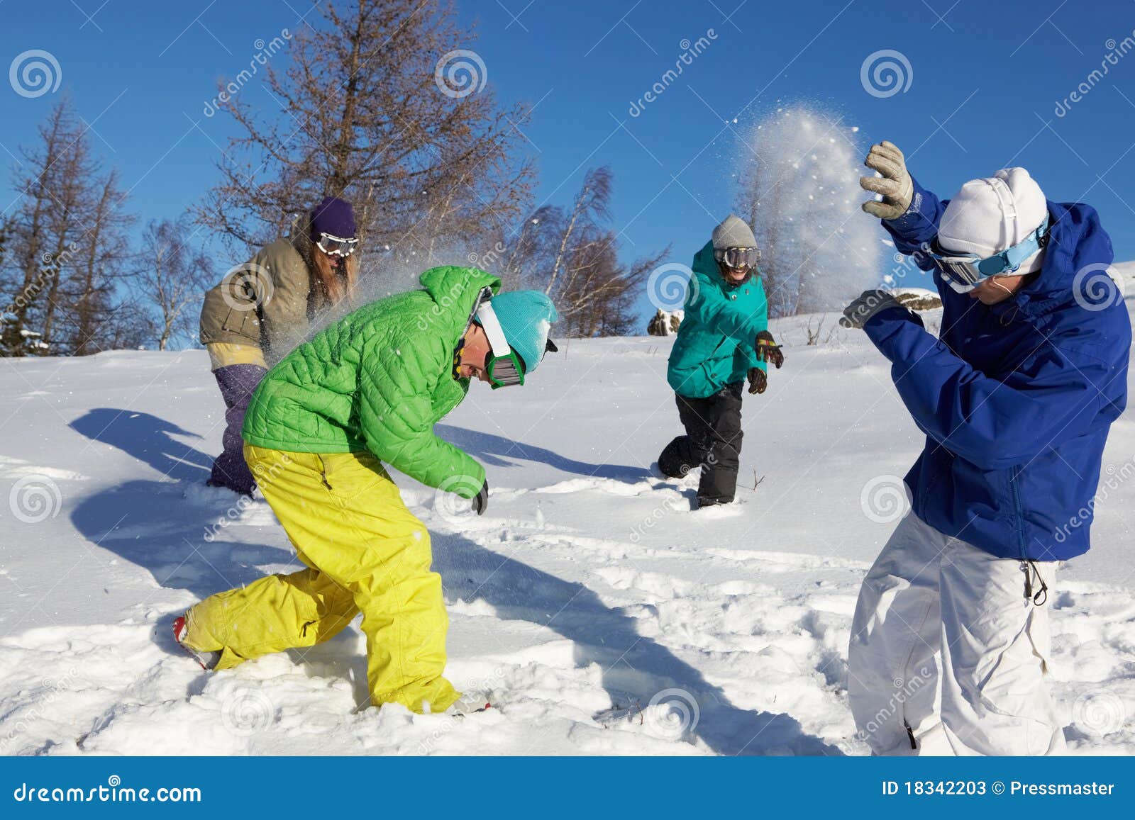 Playing snowfight stock image. Image of company, goggles - 18342203