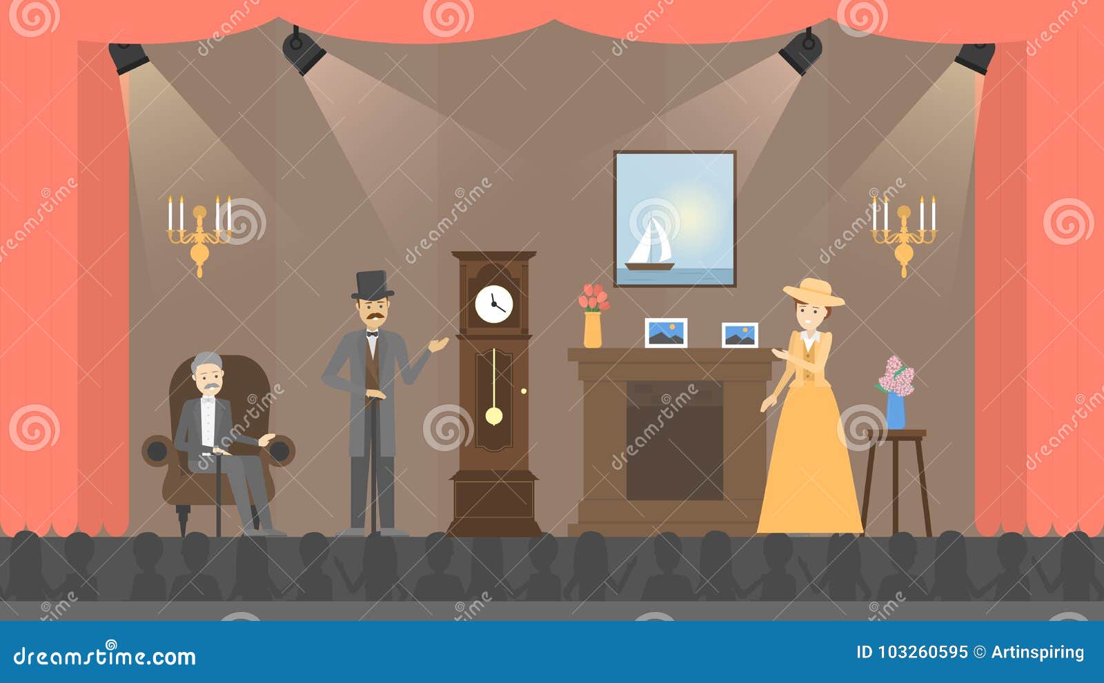 Theater Actors Horizontal Banner, Cartoon Style Vector Illustration ...