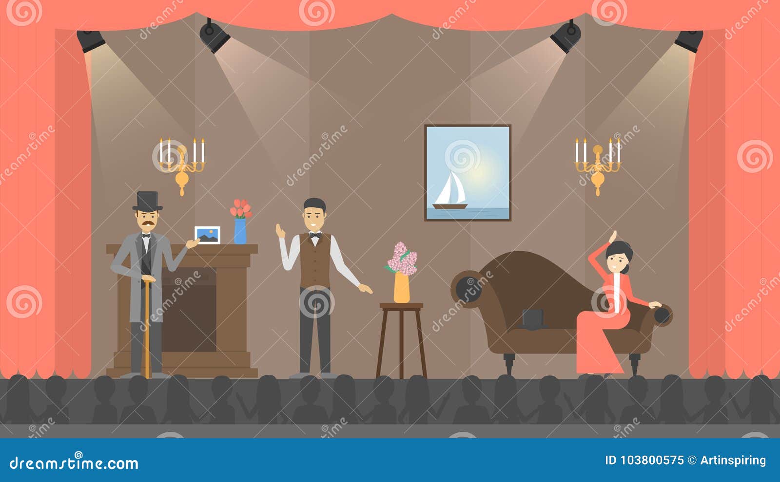 Theater Actors Horizontal Banner, Cartoon Style Vector Illustration ...