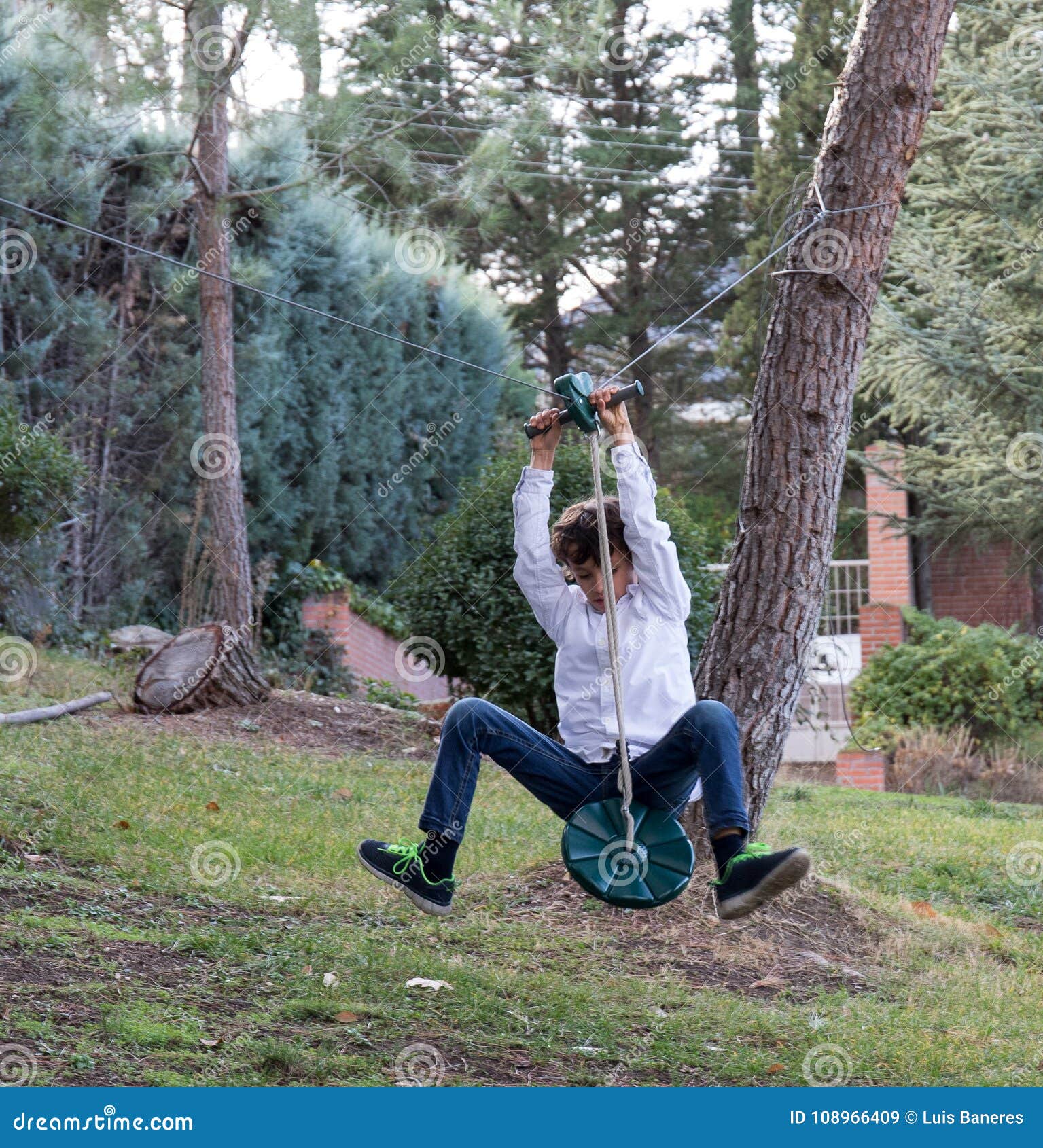 Playing with Zip Line in the Garden Stock Image - Image of challenge ...