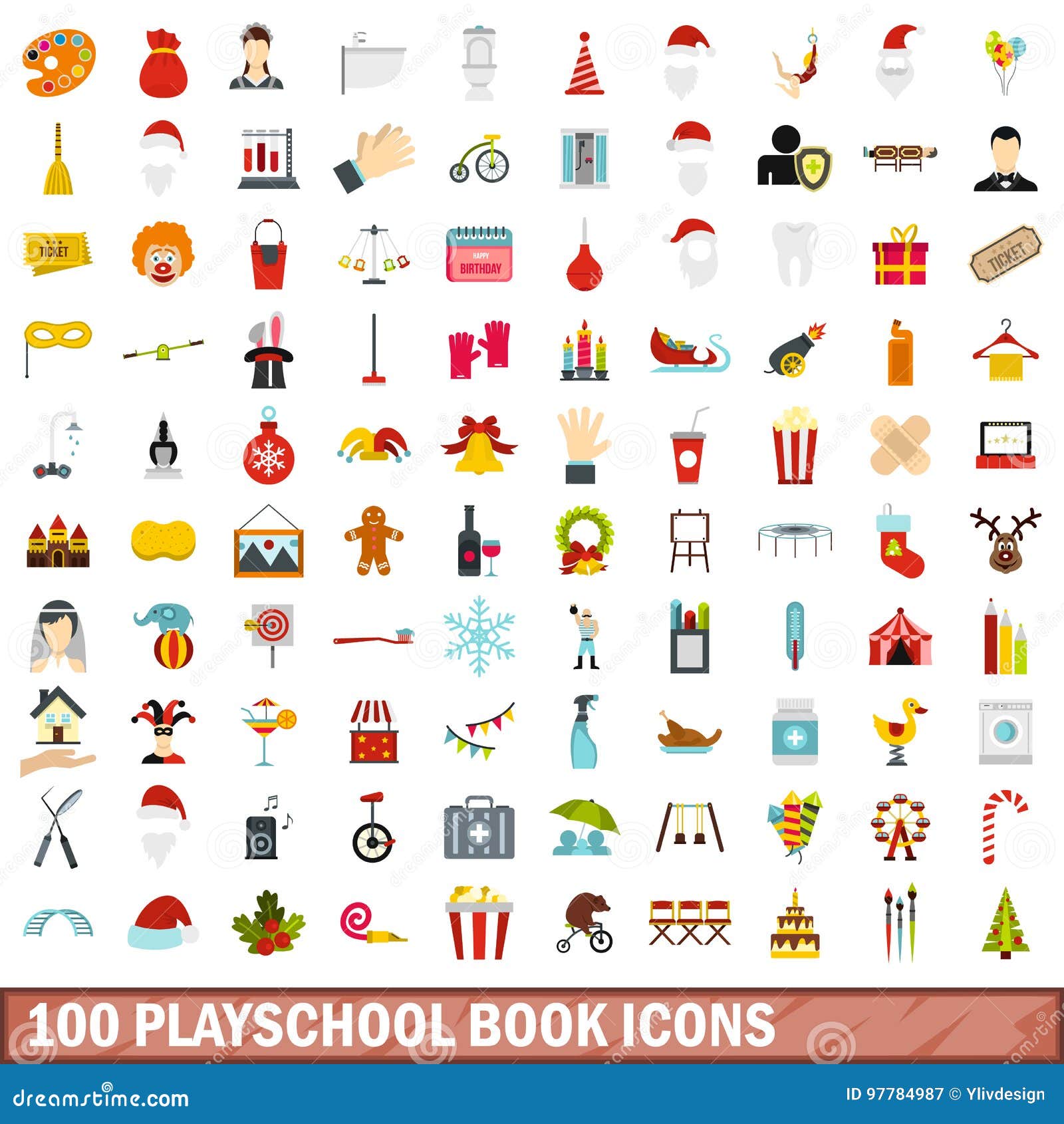 100 Playschool Book Icons Set, Flat Style Stock Vector - Illustration ...