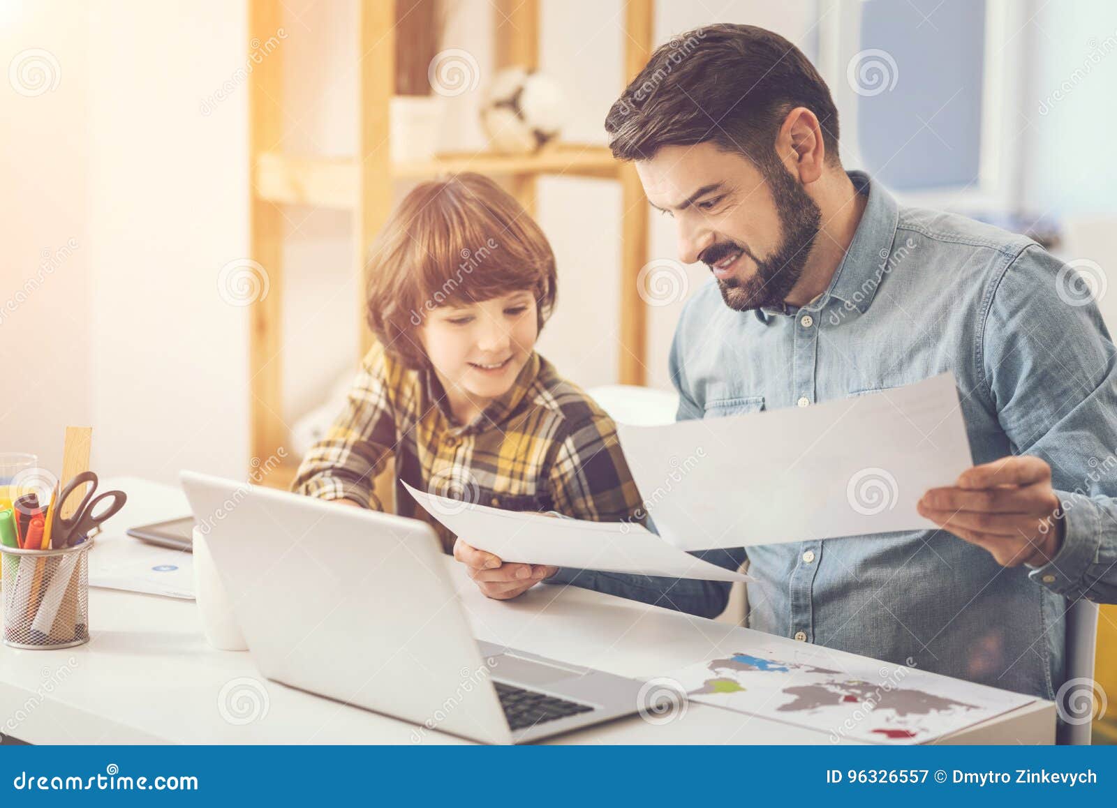 Pleasant Caring Father Helping His Son with School Homework Stock Image ...