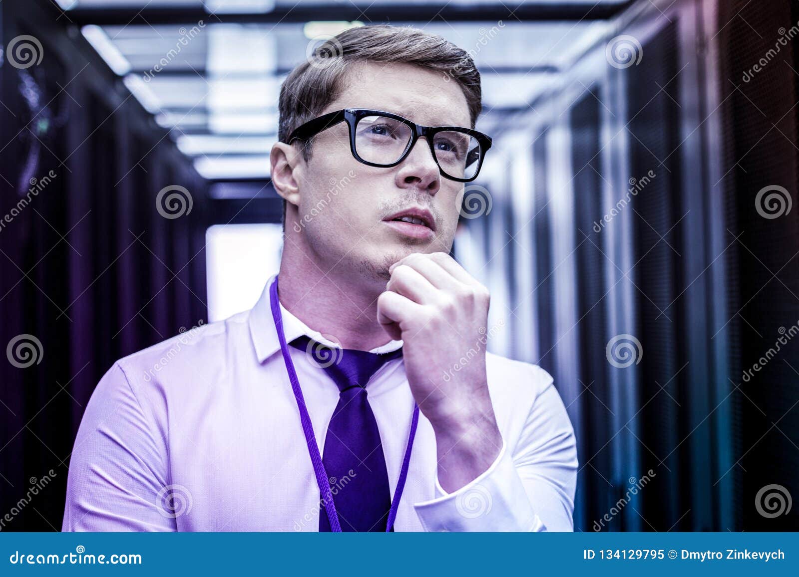 Pleasant Good Looking Thoughtful Man Holding His Chin Stock Image ...