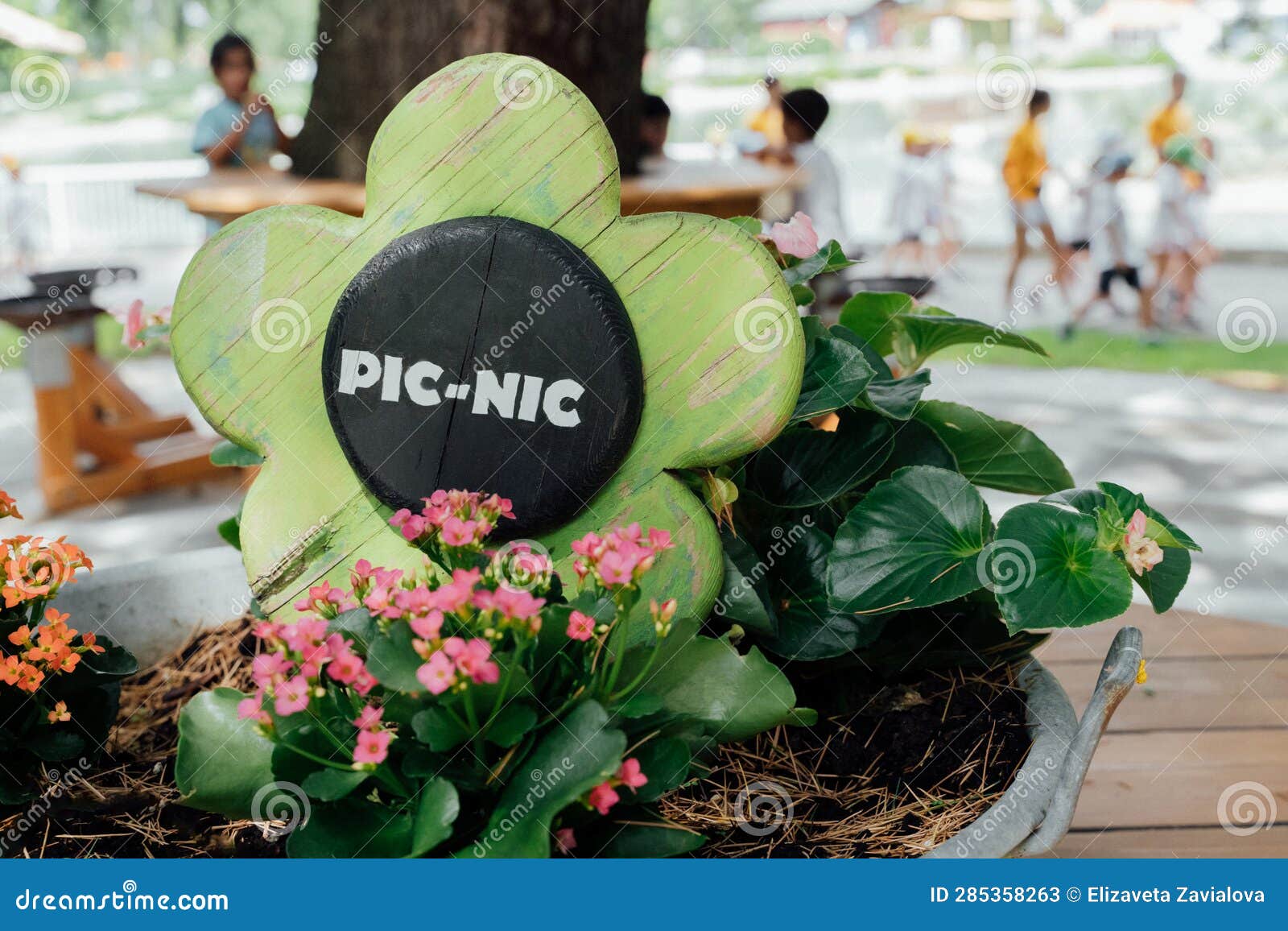 Pleasant Picnic Area in the Park with Picnic Sign Stock Image - Image ...