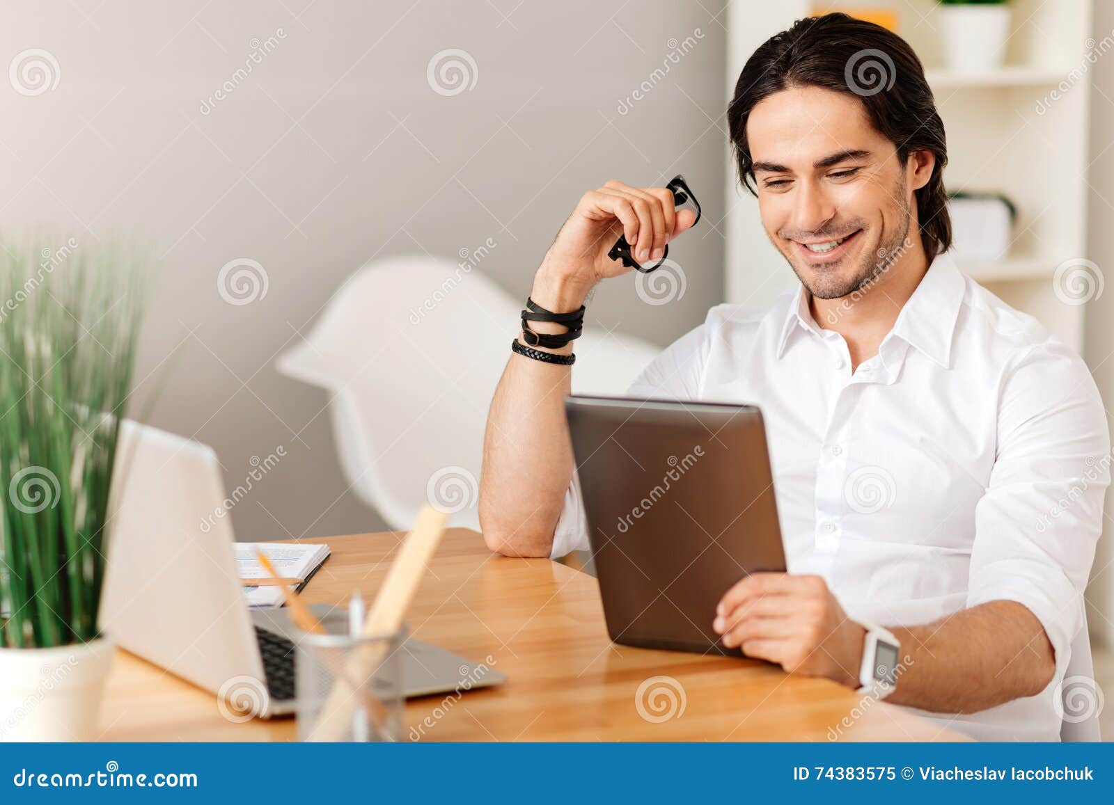 Pleasant Positive Man Sitting at the Table Stock Image - Image of ...