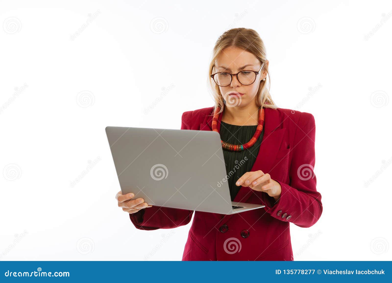 Pleasant Smart Woman Pressing a Button on the Laptop Stock Image ...