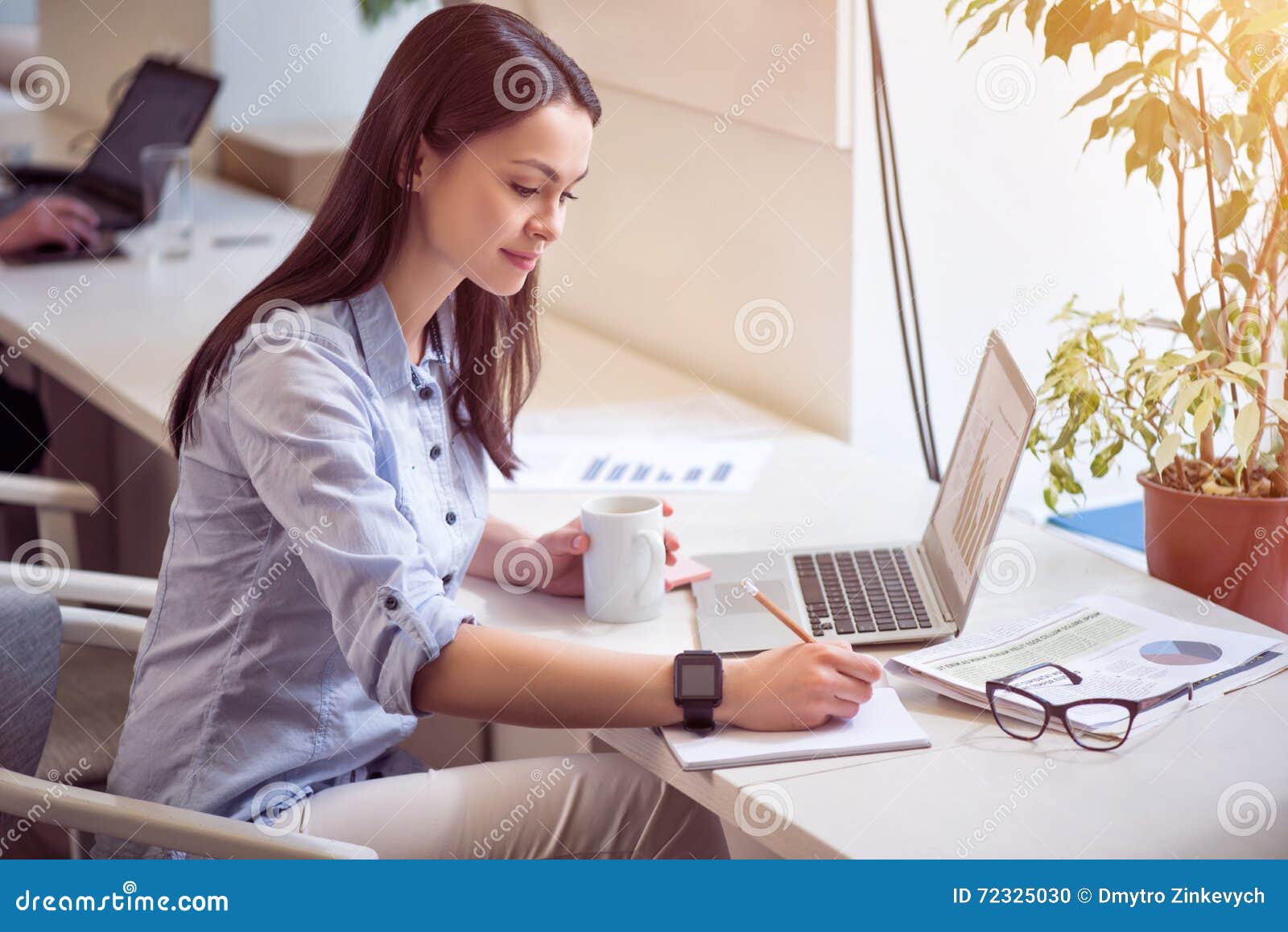Pleasant Woman Making Notes Stock Photo - Image of color, light: 72325030