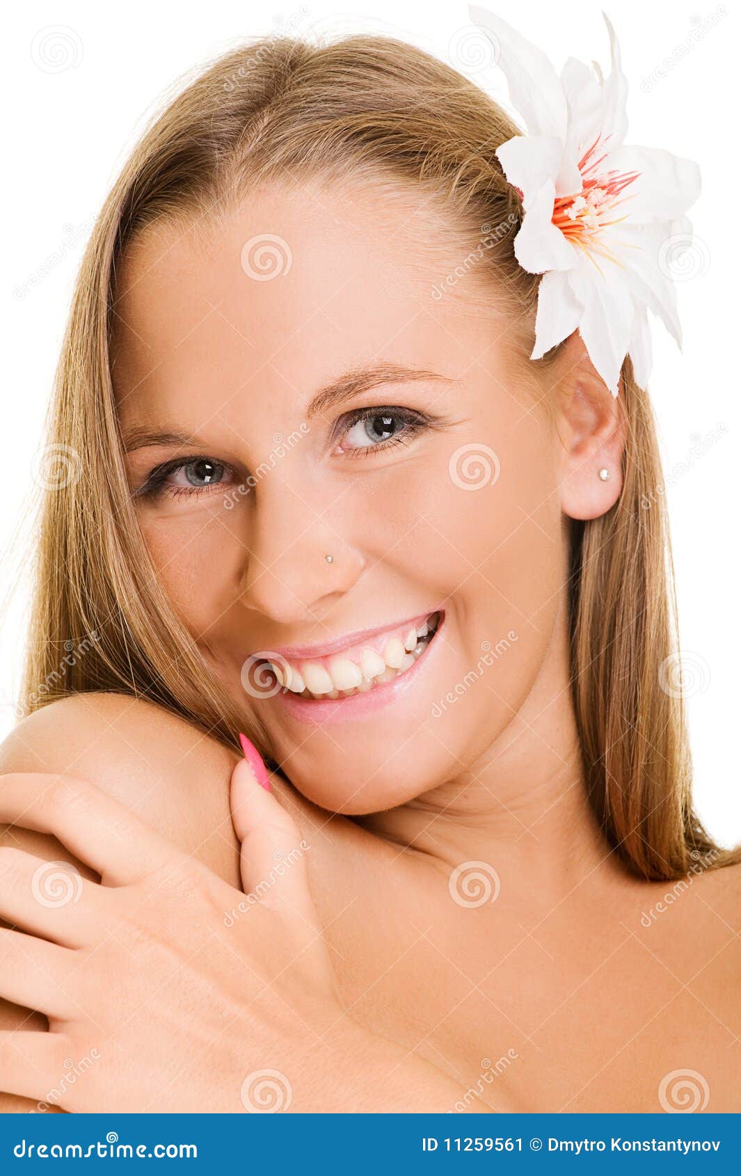 Pleasant Woman with White Flower Stock Image - Image of lips, lady ...