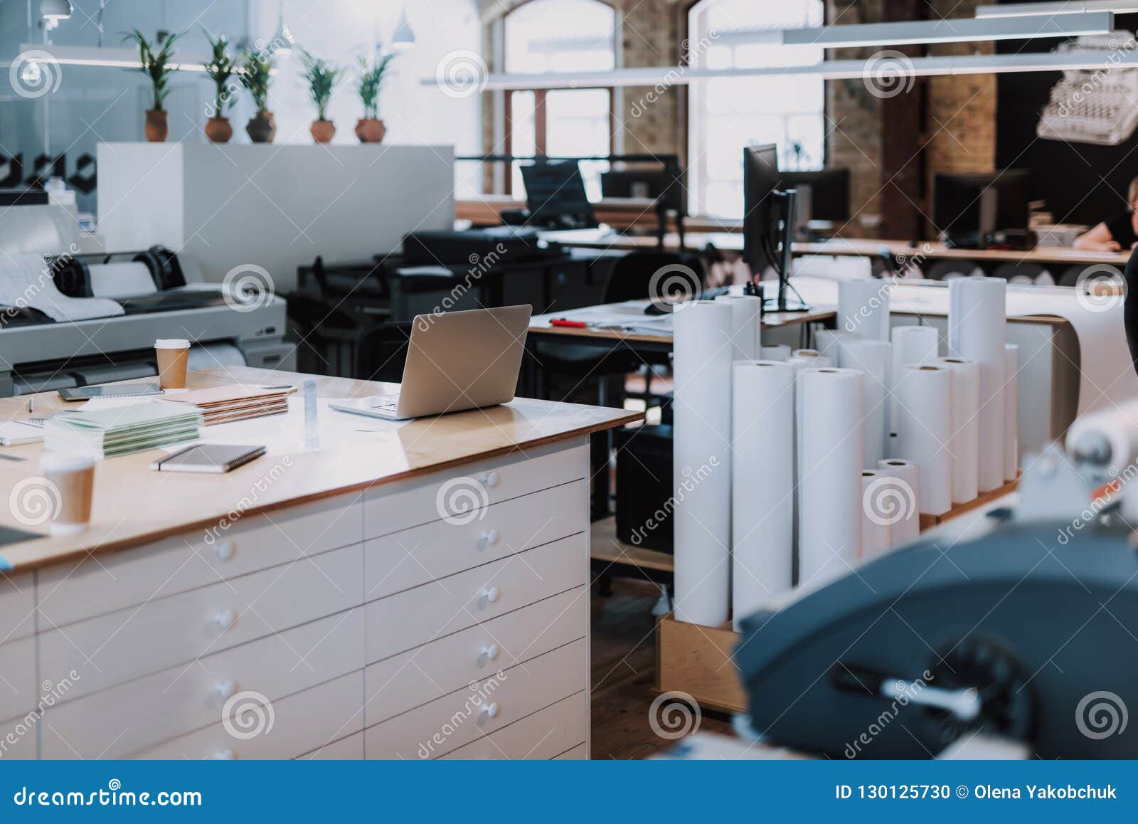 Pleasant Working Atmosphere at Spacious Light Office Stock Photo ...