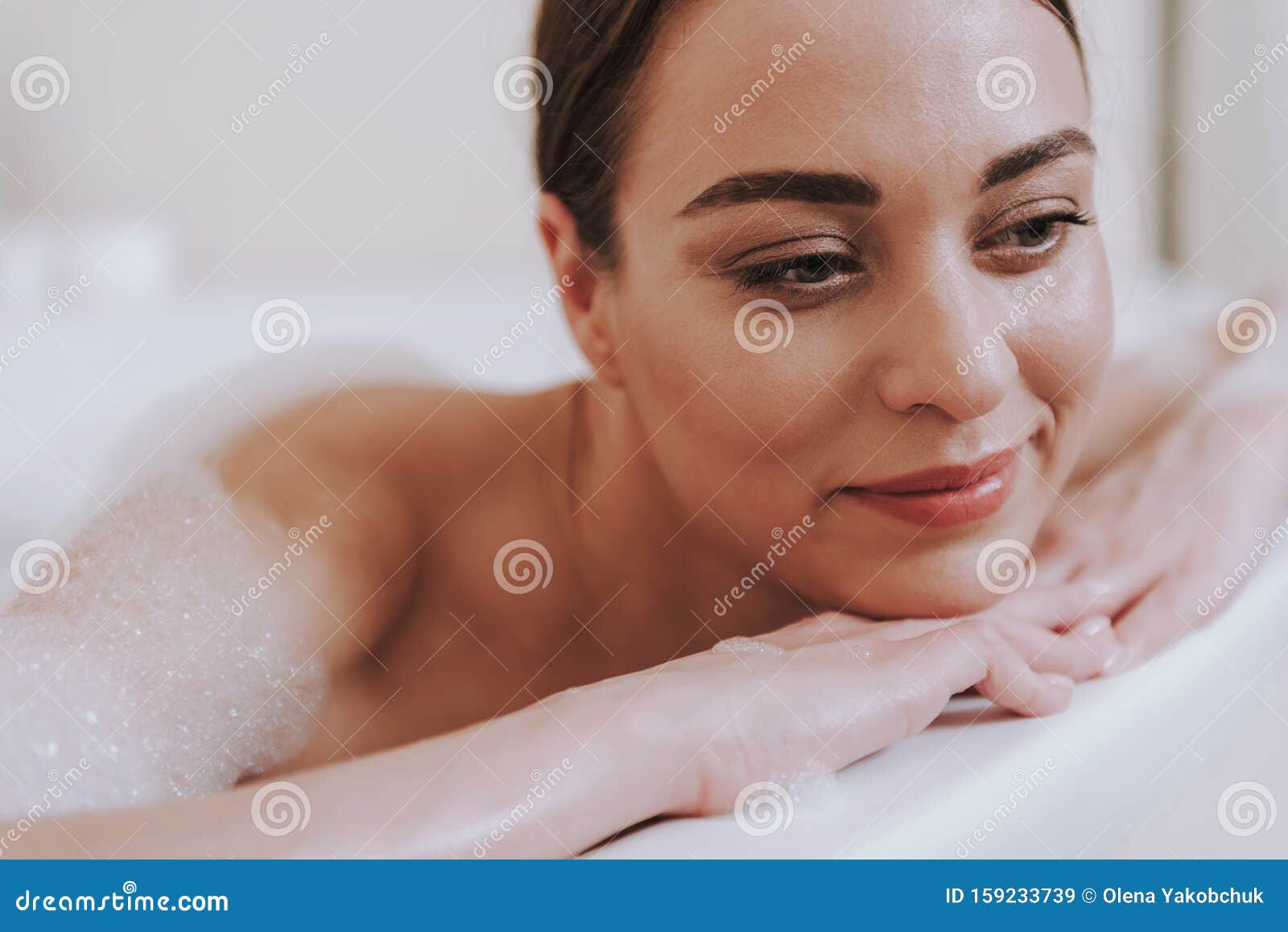 Delighted Nice Woman Taking A Bath At Home Stock Image Image Of