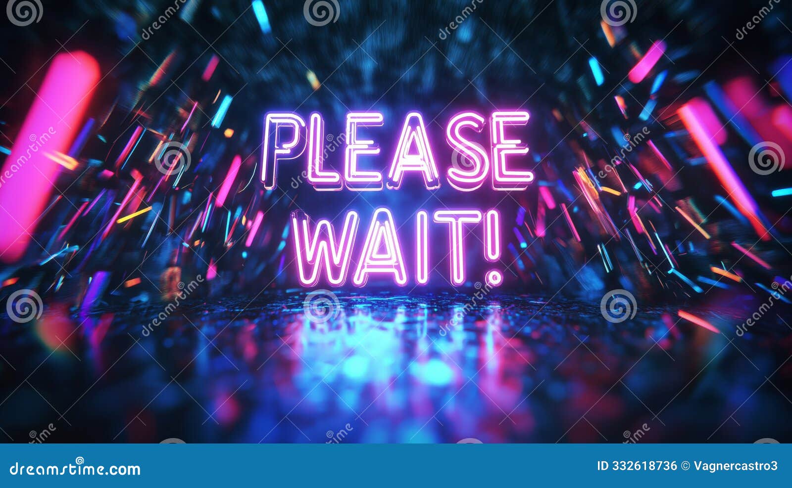 Please Wait! Neon Text with Glitch and Motion Blur Background Stock ...