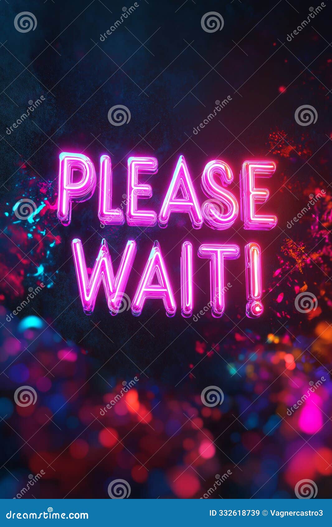 Please Wait! Neon Text with Glitch and Motion Blur Background Stock ...
