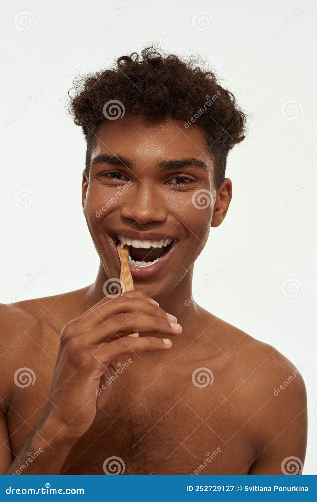 Pleased Black Guy Brushing Teeth with Toothpaste Stock Image - Image of ...